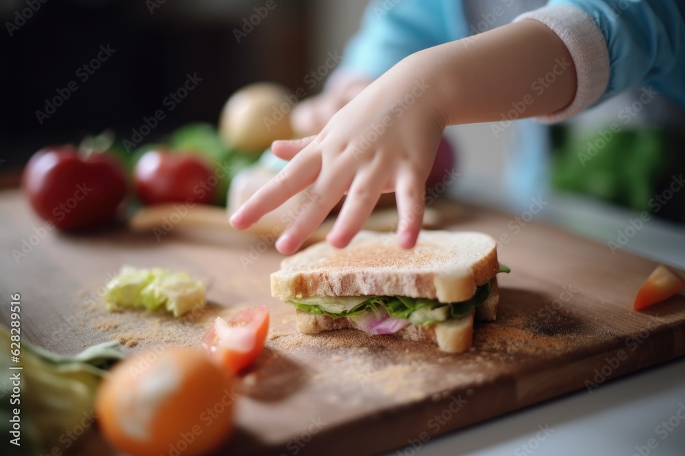 child, allergy or rash on hand with broken sandwich for food safety in ...