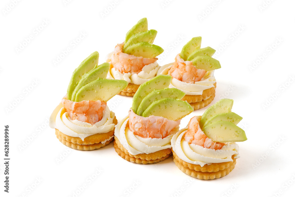 canape with shrimp and avocado on white background for restaurant ...