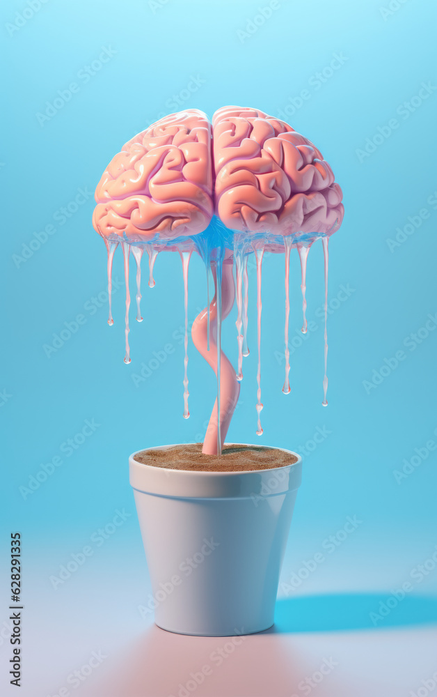 A slime-covered human brain grows out of a pot. Surreal, minimal ...