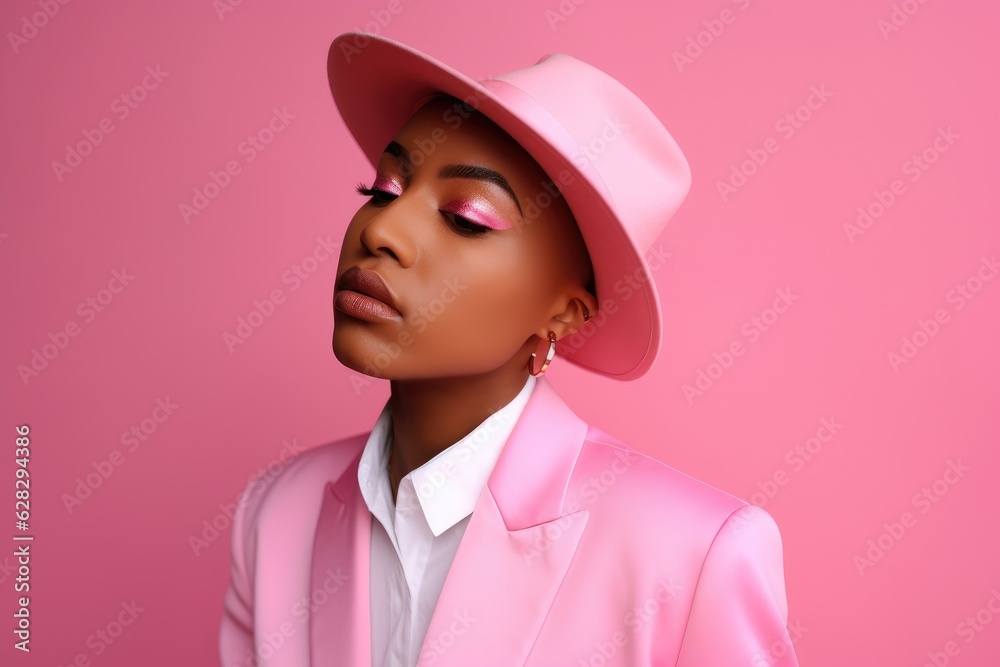 gender neutral, black person and fashion portrait with a pink ...