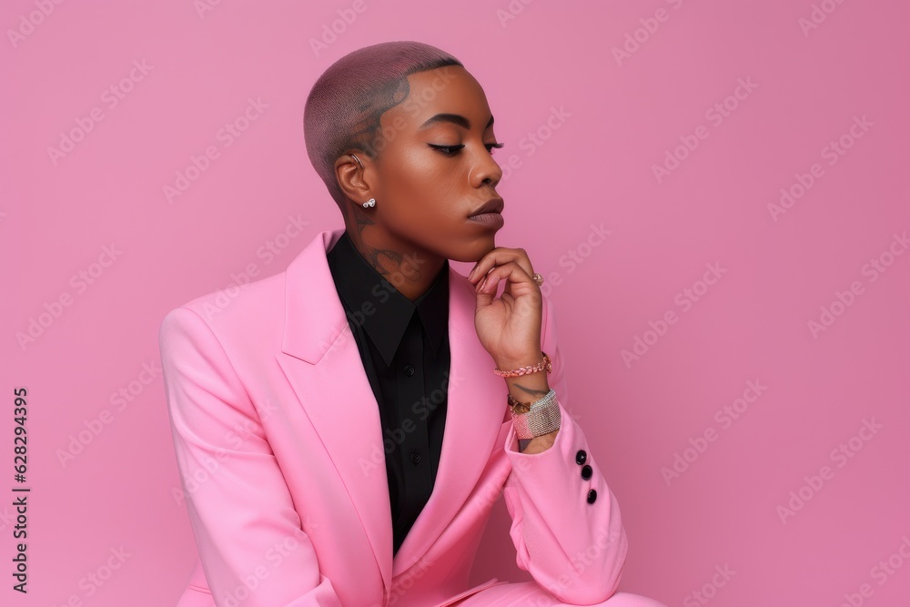 gender neutral, black person and fashion portrait with a pink ...