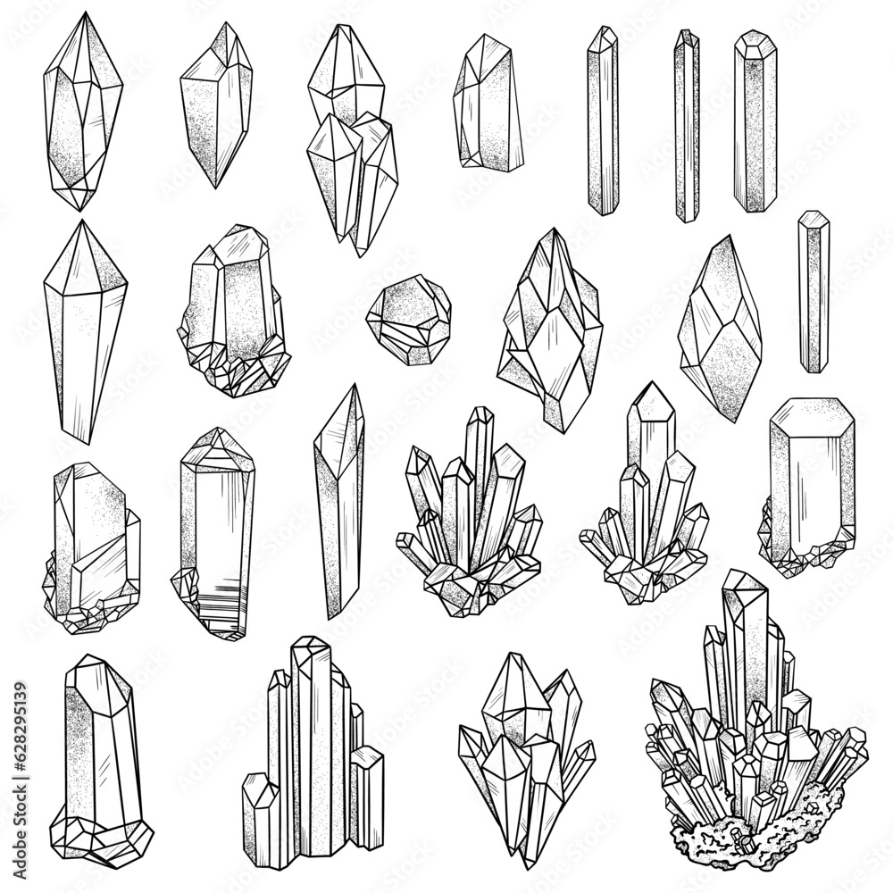 Set of geometric black outline crystals Vector illustration isolated on ...