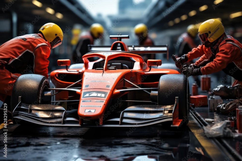 Professional pit crew ready for action as their team's race car arrives in the pit lane during a ...