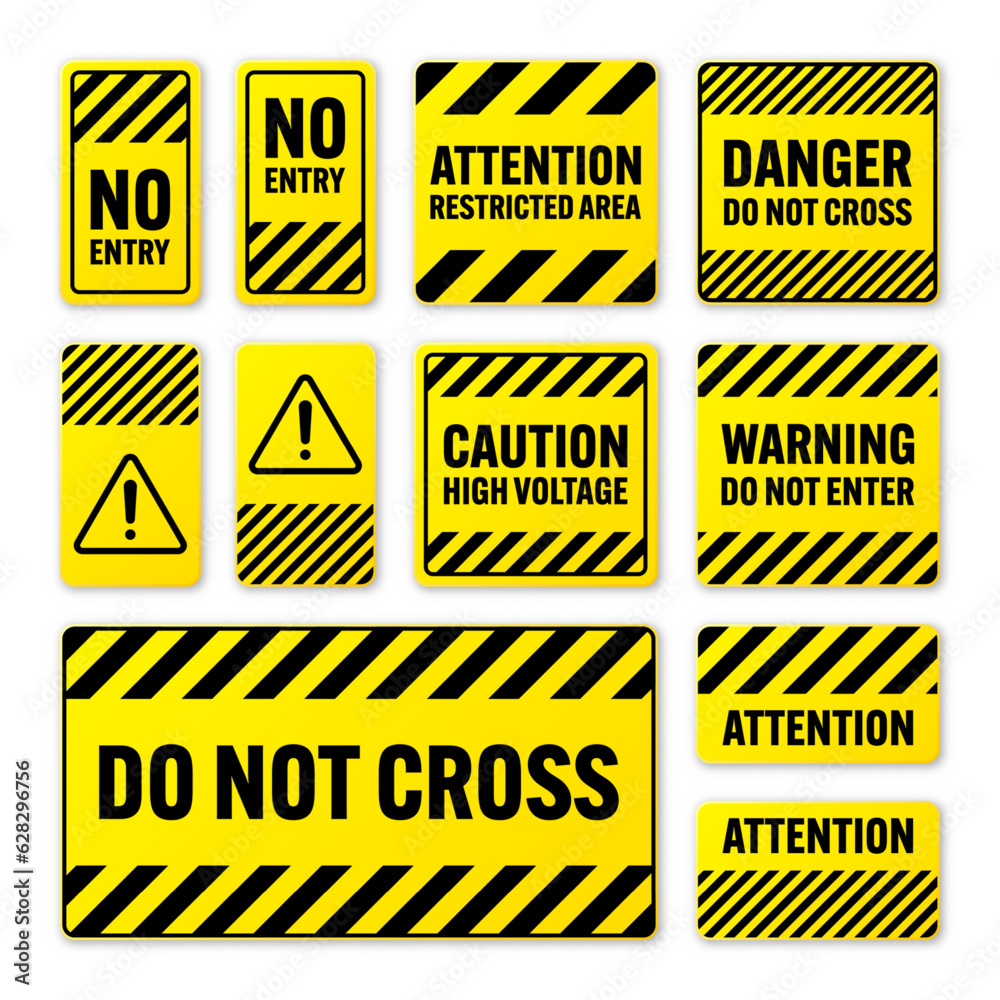 Various black and yellow warning signs with diagonal lines. Attention ...