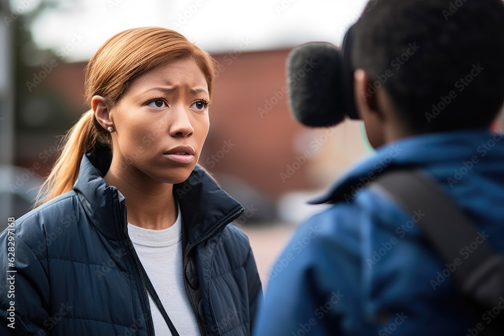shot of a female reporter interviewing someone at the scene of a news ...