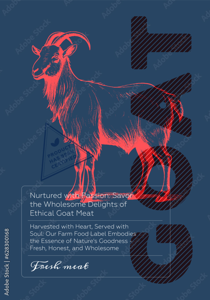 Natural farm meat poster. Vintage sketch goat on colored background ...