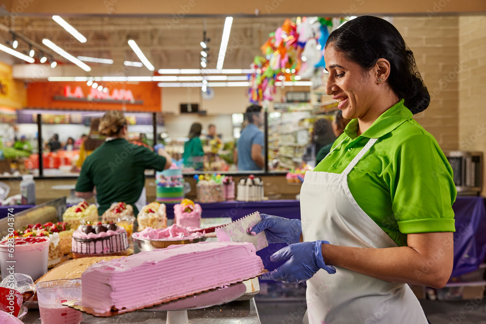 Smiling female baker spreading on strawberry frosting to decorate layer ...