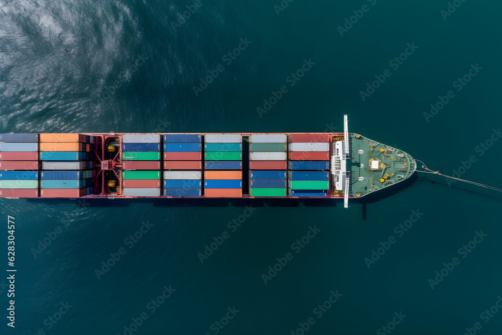 aerial top view container ship in the pier with crane bridge carries ...