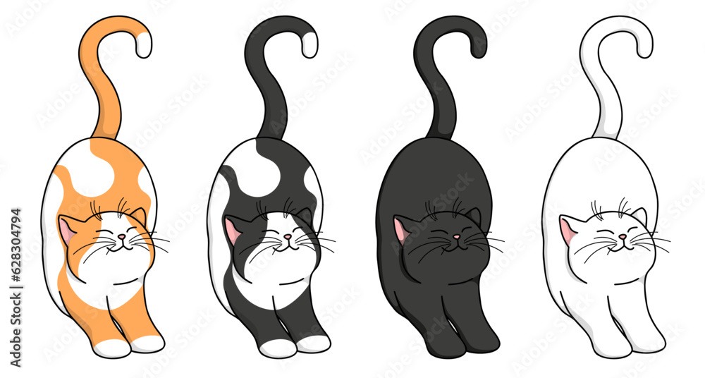 Cute cartoon colorful smiling stretching cats. Vector cat set isolated ...