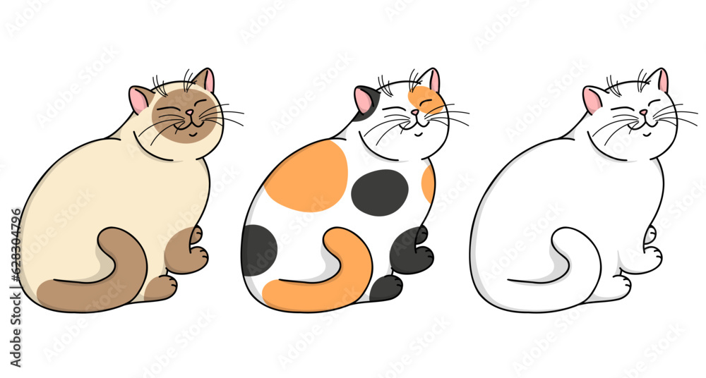 Cute cartoon colorful smiling sitting cats. Vector cat set isolated on ...