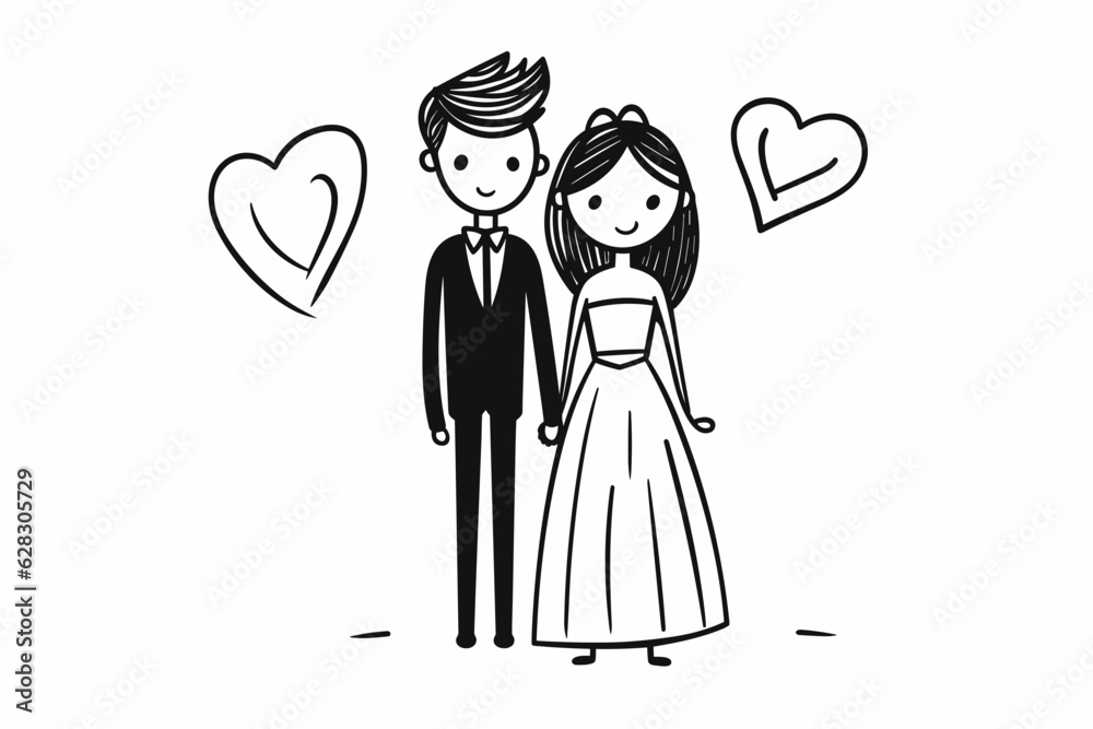 Doodle inspired Wedding cake topper, cartoon sticker, sketch, vector ...