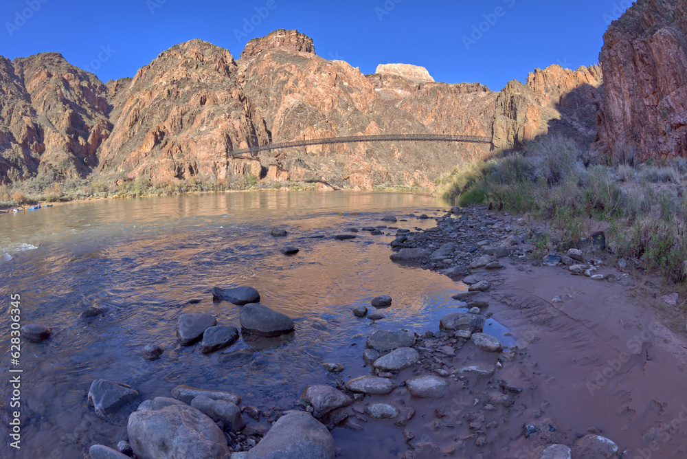 The Black Bridge along the South Kaibab Trail spanning the Colorado ...