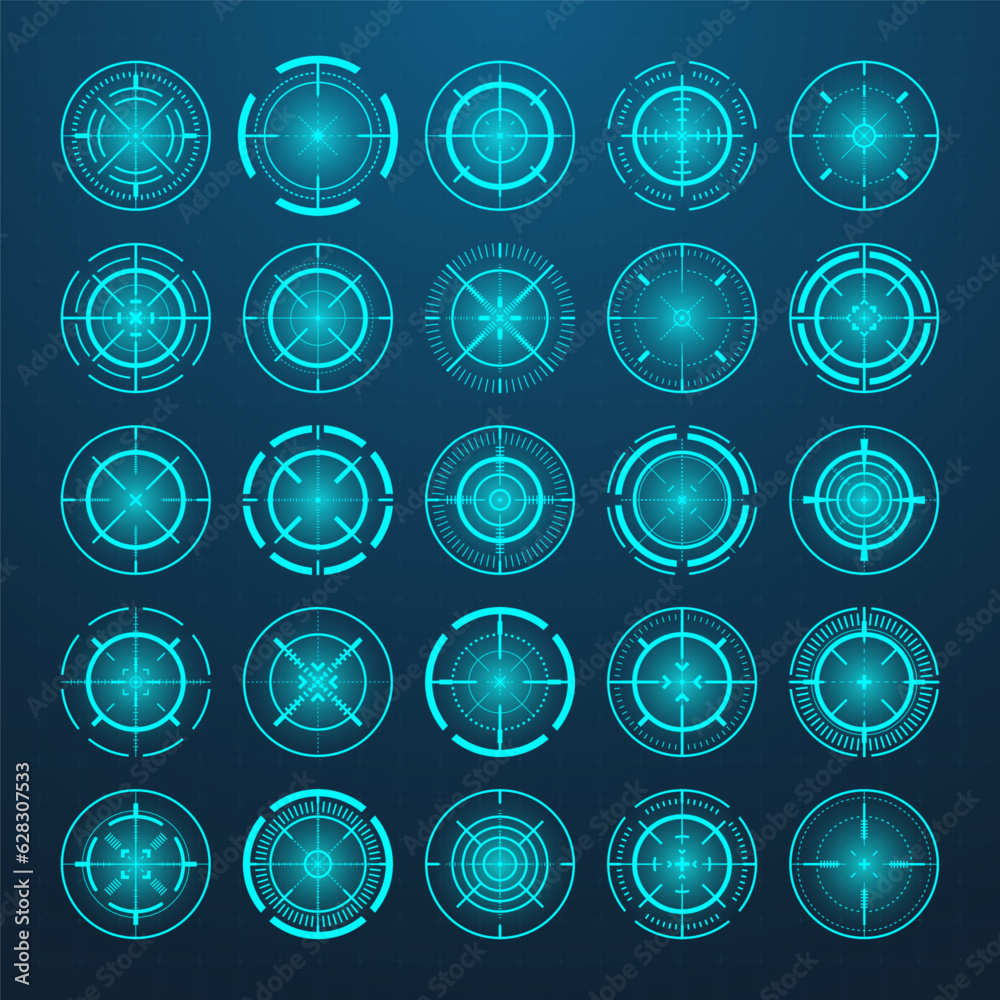 Crosshair, gun sight vector icons. Bullseye, black target or aim symbol ...