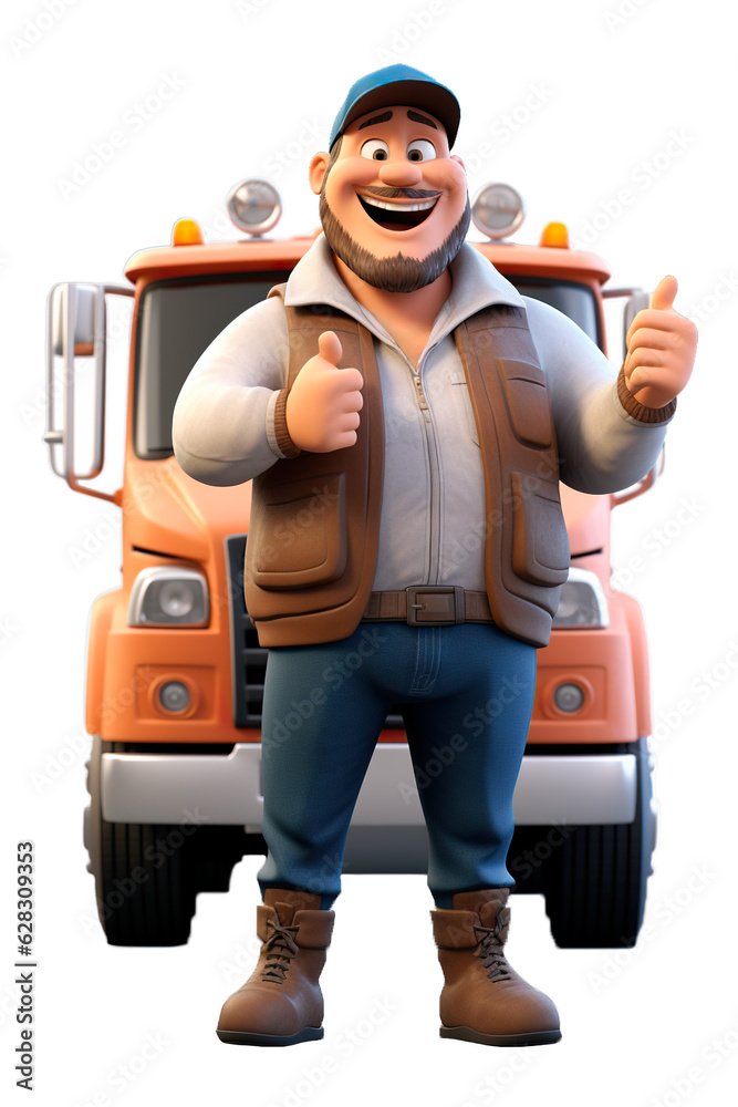 Cheerful truck driver posing with his truck. Full body shot of cartoon ...