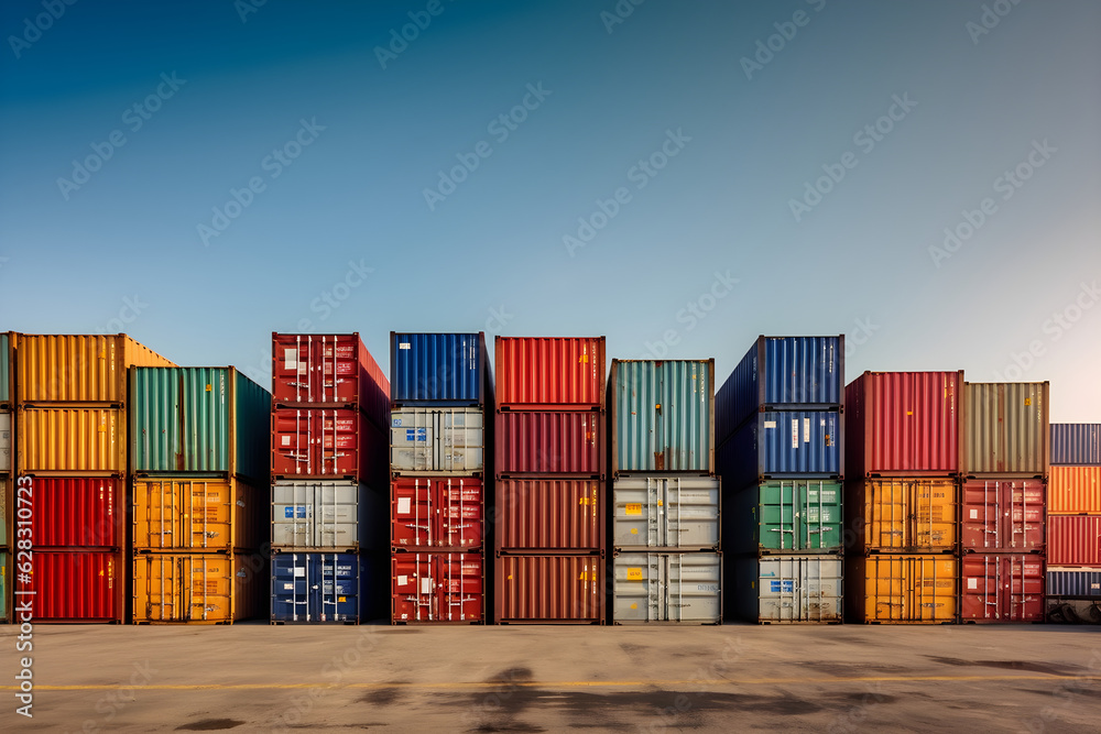 stacked cargo containers in storage area of freight sea port terminal ...