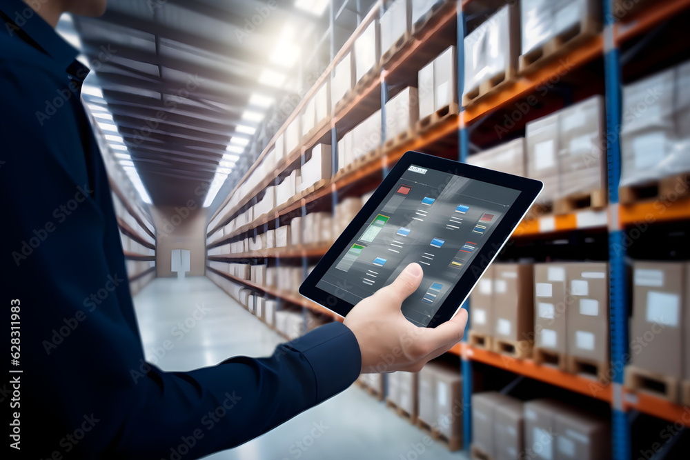 smart warehouse inventory management system concept manager using digital tablet showing ...