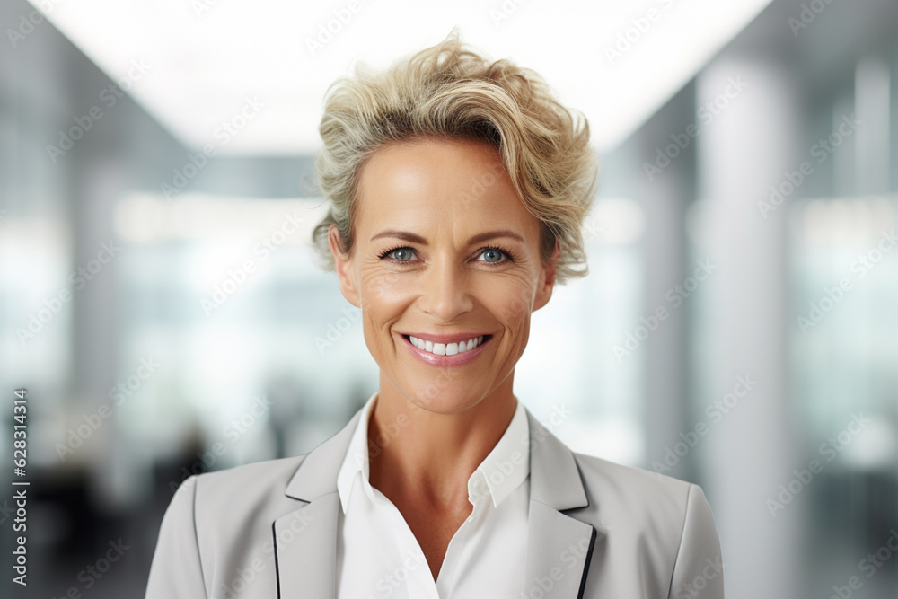 Attractive german business woman smiling in suit jacket with leader ...