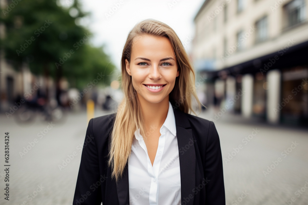Attractive german business woman smiling in suit jacket with leader ...