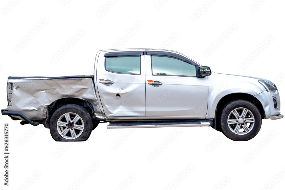 Side view of gray or bronze pickup car get damaged by accident on the ...
