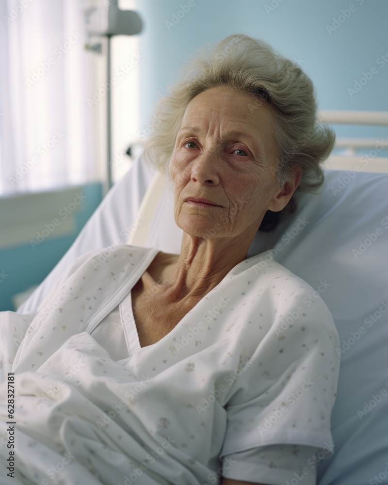 Sad serious Sick old lady lying at a hospital bed Stock Photo | Adobe Stock