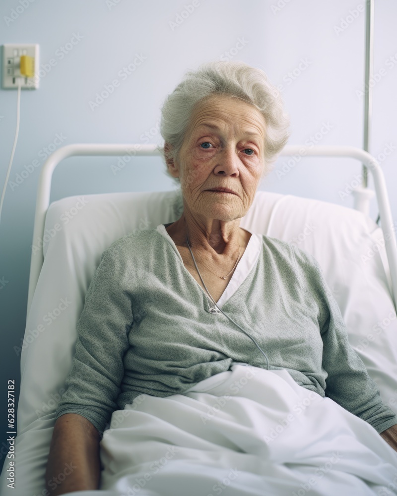 Sad serious Sick old lady lying at a hospital bed Stock Photo | Adobe Stock