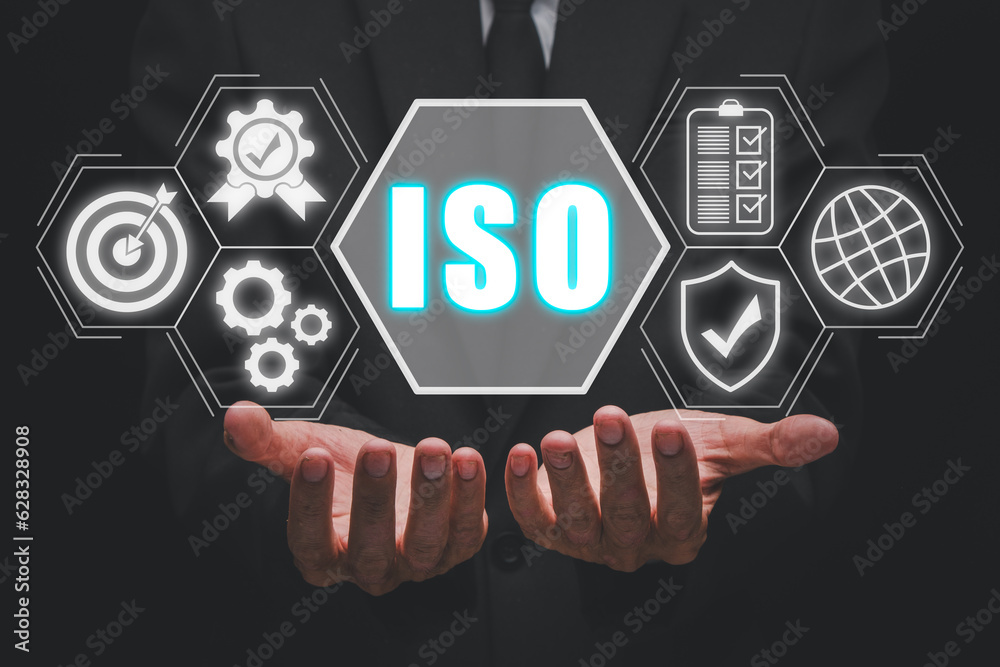 Poster ISO standards quality control concept, Person hand holding iso ...