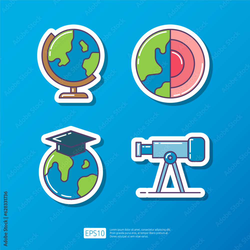 globe earth model, core of earth, graduation hat, telescope. geography ...