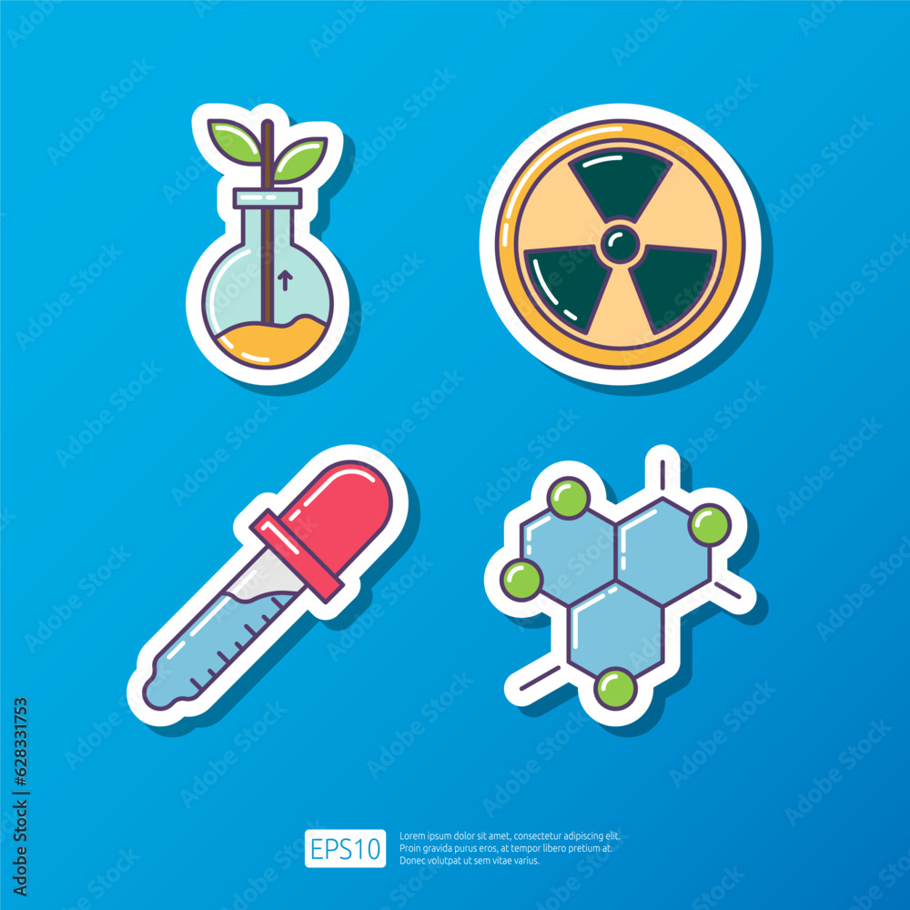 Grow plant in test tube, nuclear radiation sign, lab measuring pipette ...