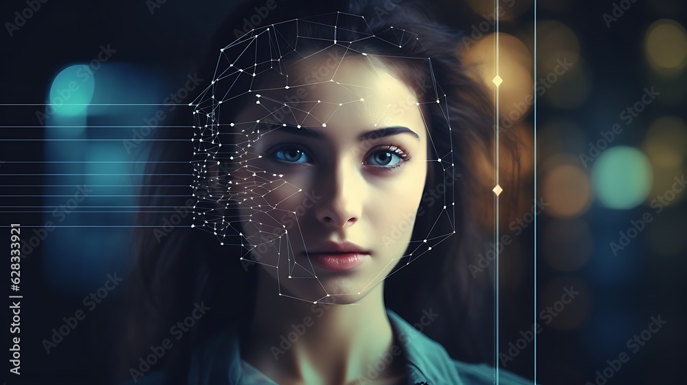 Serious business woman and smart technology for face recognition ...