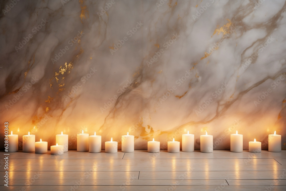 marble wall and countertop with an array of small candles, warm cozy ...