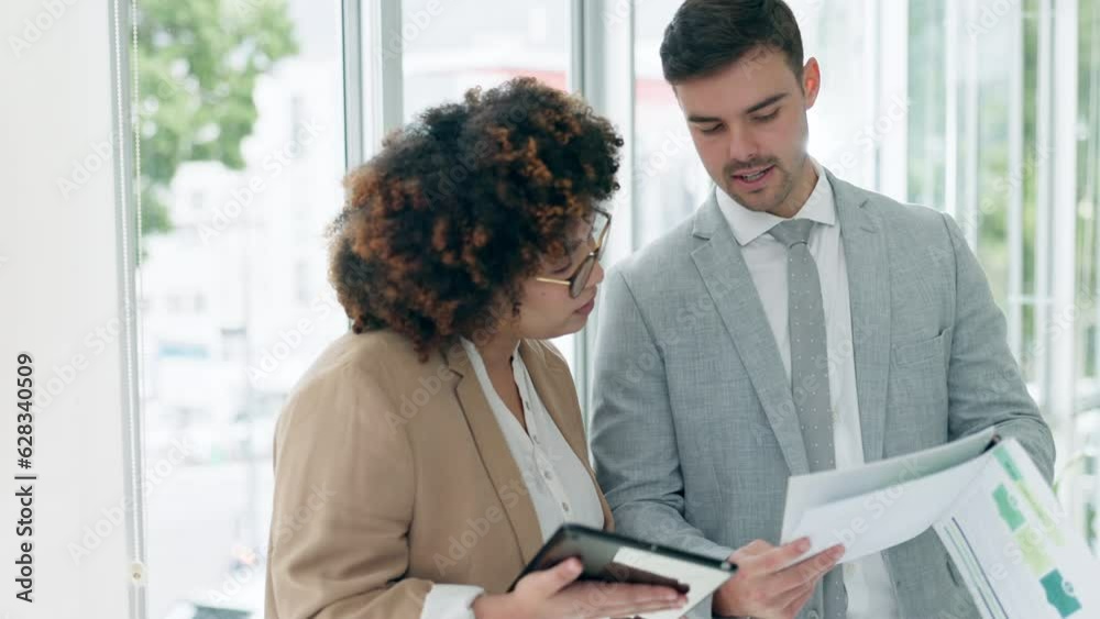 Teamwork, tablet and documents with business people in office for project management, review or ...