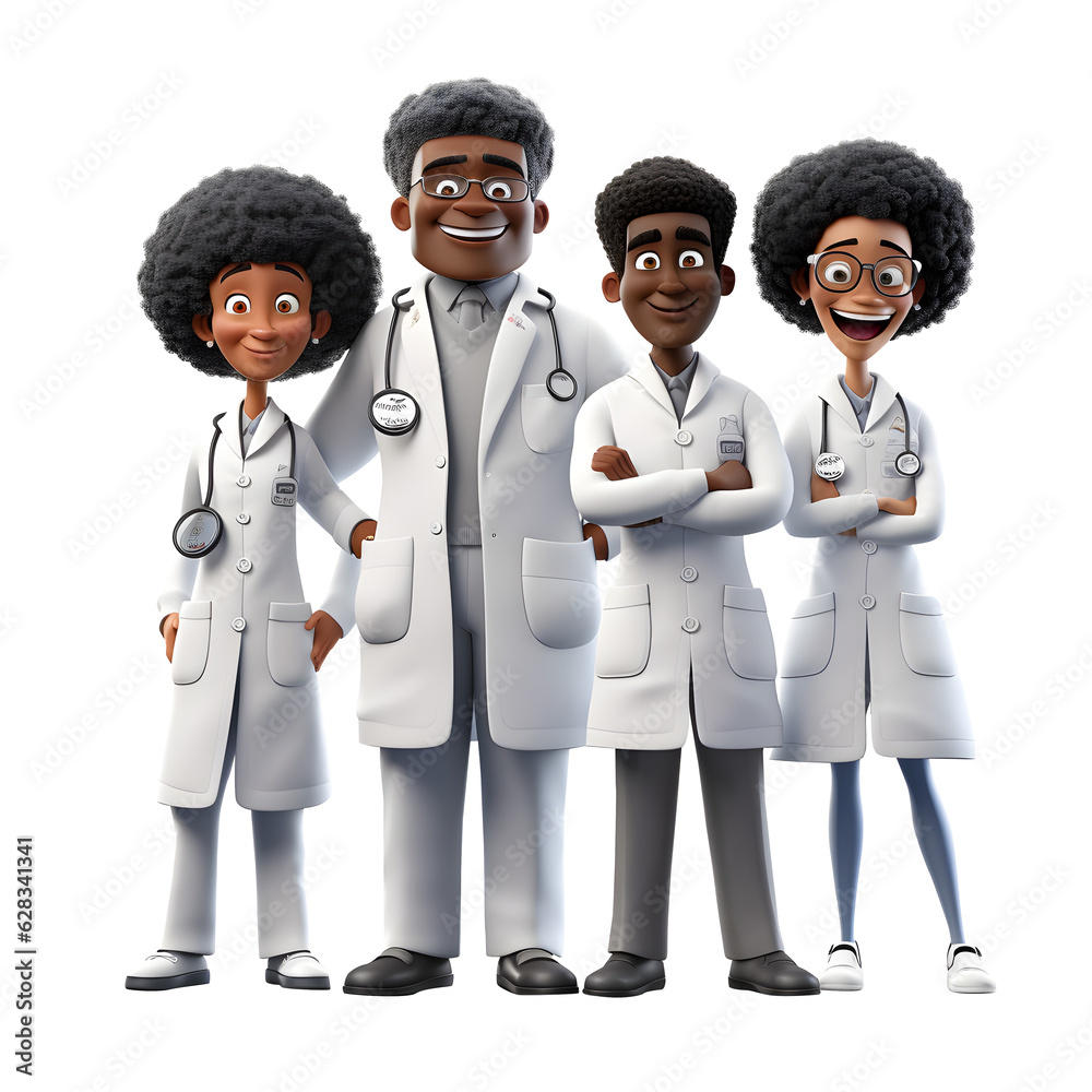 3D cartoon character smiling group of doctors and nurses standing ...