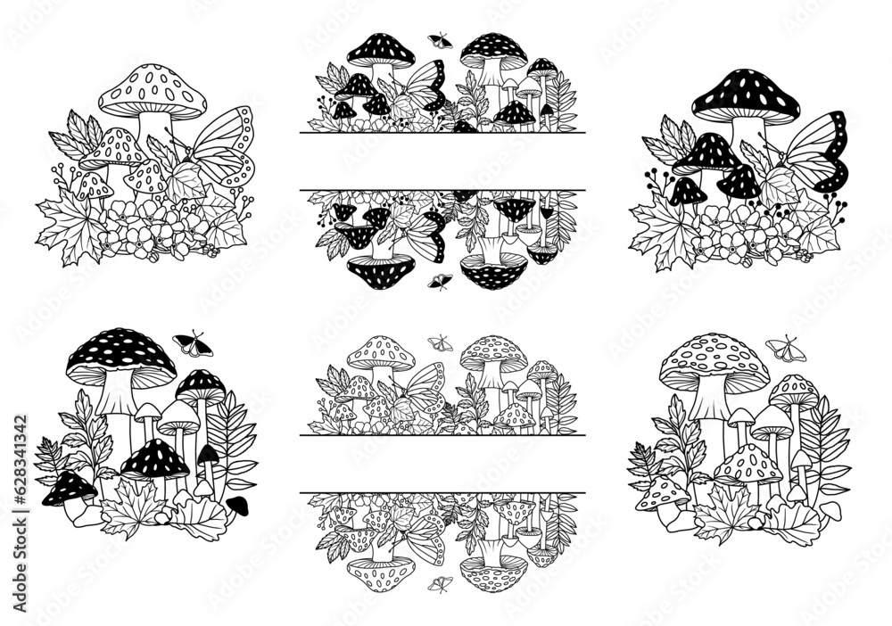 Mushroom Border Vector Clip Art, Mushroom Doodle Set, Mushroom Split ...