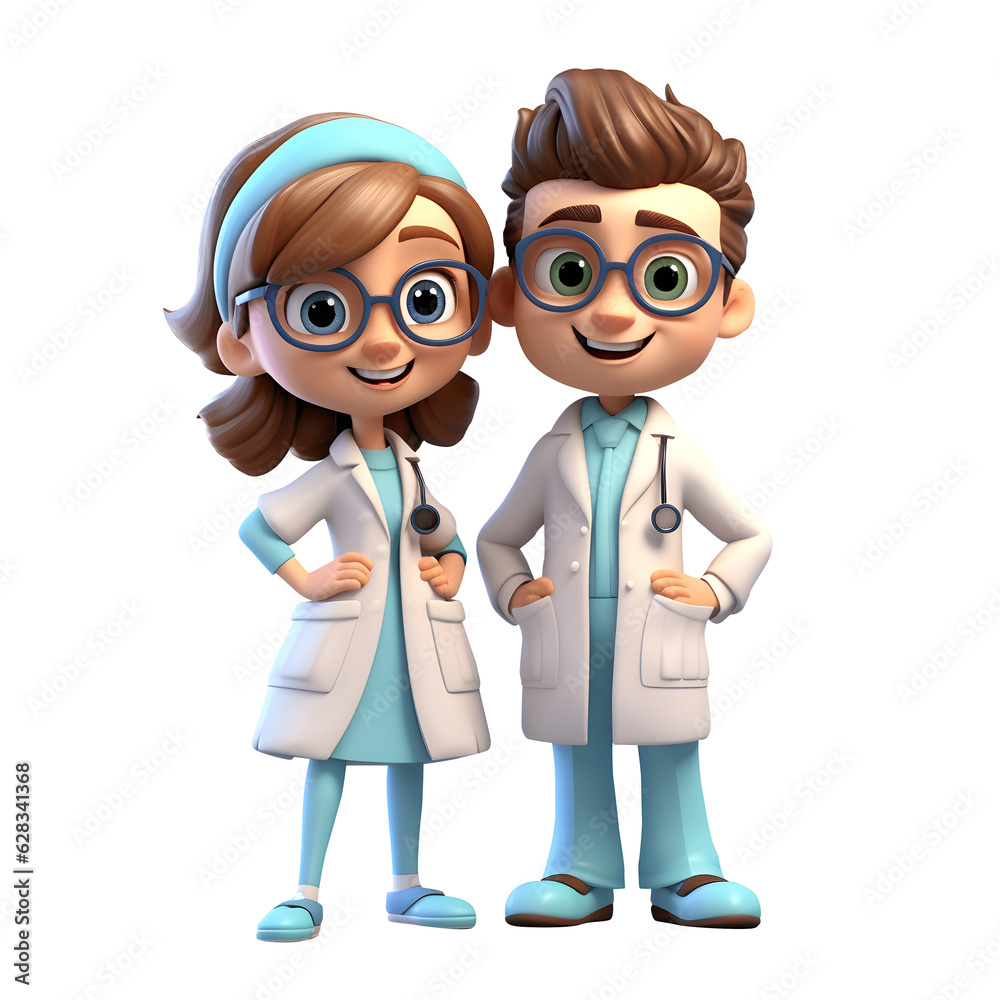 3D cartoon character cute smiling doctor and nurse standing together ...