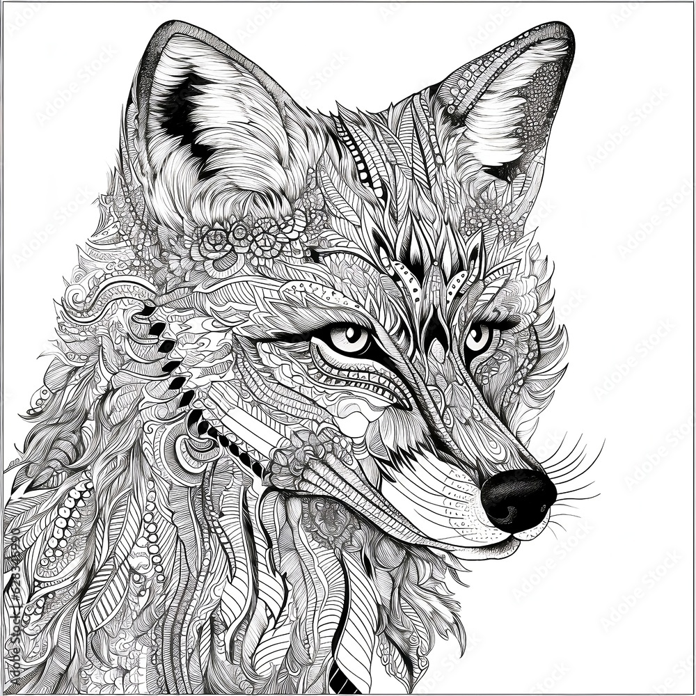 Mandala fox head coloring page for adults. Animal coloring page for ...