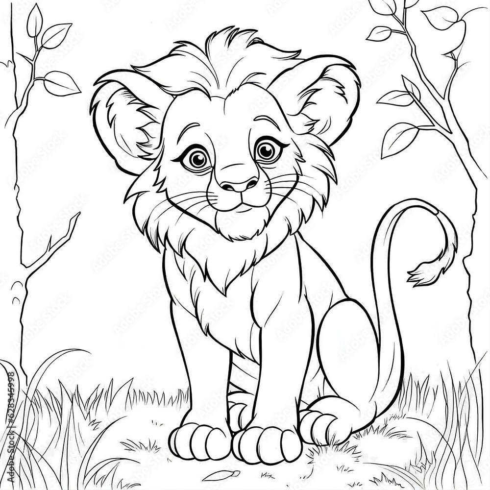 Cute lion coloring page for kids. Animal coloring page created with ...