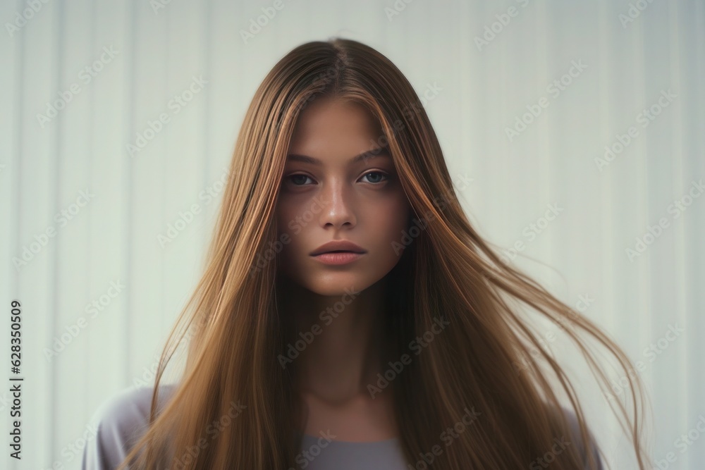 Elegant, minimalist portrait of a striking model, her long hair exuding ...