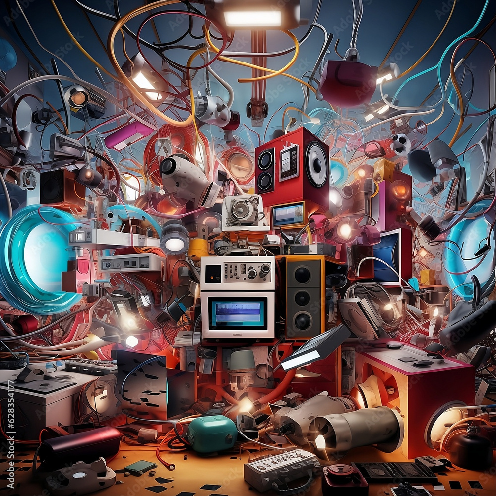 electronic circuit board with components. A dynamic collage of various ...