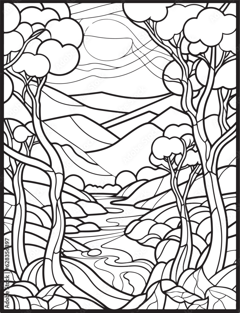Forest landscape coloring page. Forest coloring book pages. Landscape ...