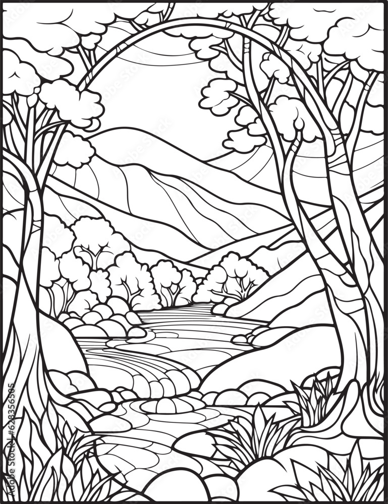 Forest landscape coloring page. Forest coloring book pages. Landscape ...