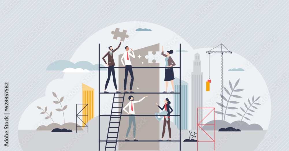 Change management and business transformation process tiny person concept. Company evolution ...