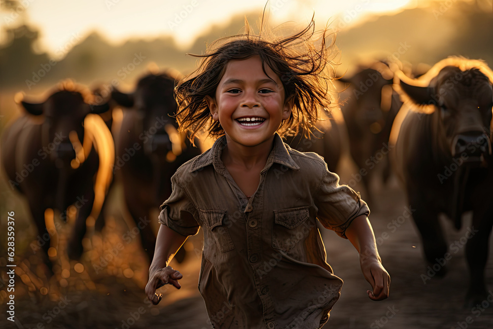 portrait of rural kids, happy face, running towards the camera, paddy ...