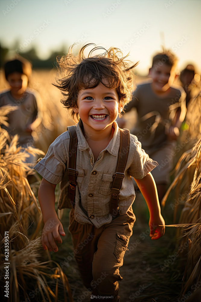 portrait of rural kids, happy face, running towards the camera, paddy ...