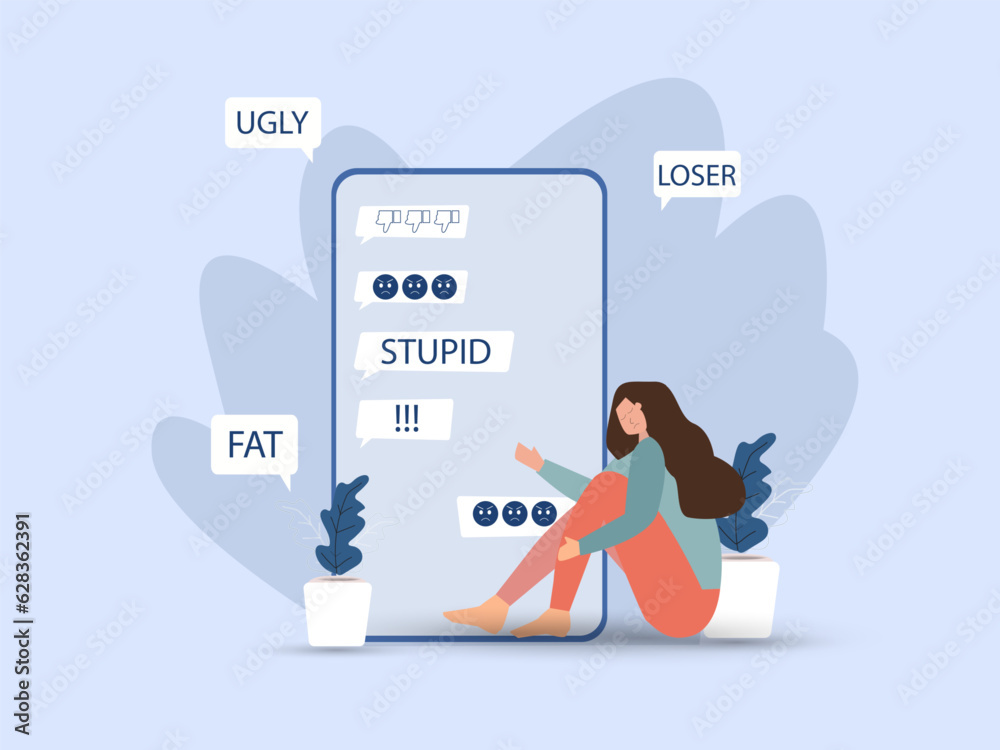 teenager being bullied girl using online mobile chat application social ...