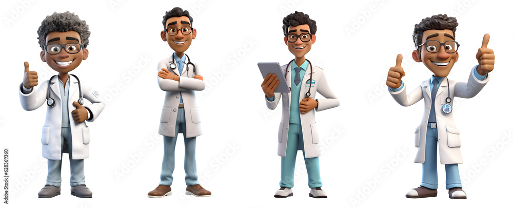 Set of 3D cartoon character smiling doctor young men standing holding ...
