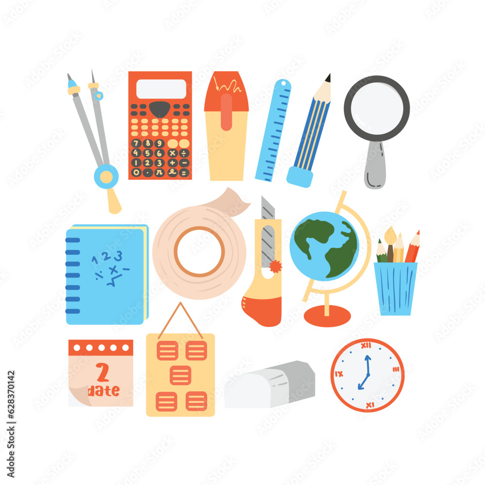 School kids and school supplies clipart illustration. Study symbols ...