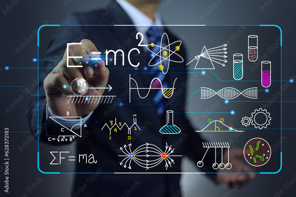 A scientist or university professor of science is using a virtual ...