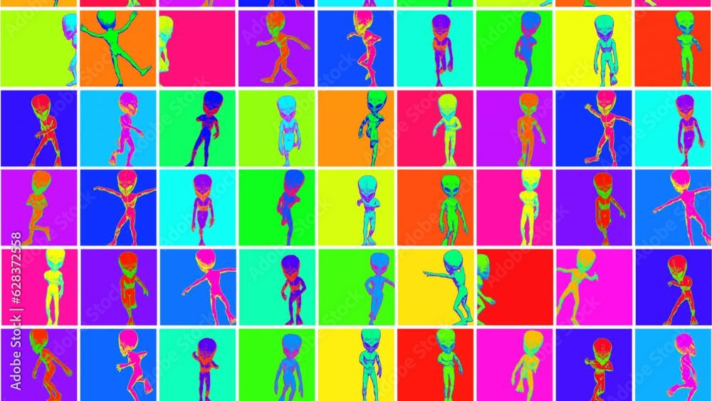 Seamless loopable animation of a rainbow grid of scenes of terror alien ...