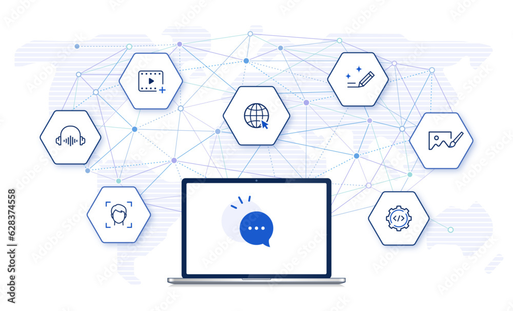 Generative AI chat use cases with icons: visuals, audio, text, code ...