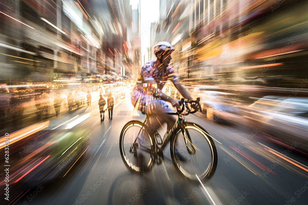 Multiple exposure photograph of a cyclist riding through a city street ...
